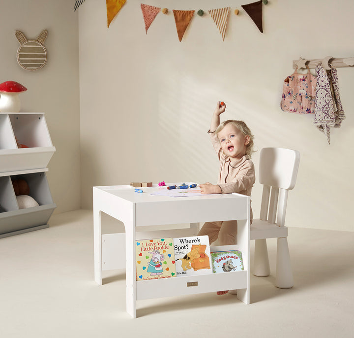 Kids Wooden Activity Table With Storage and Book Shelf